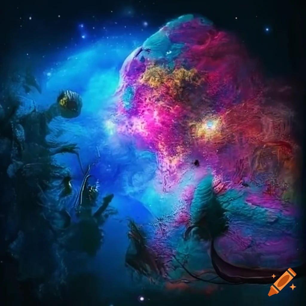Colorful nebulas and floating islands with alien flora in a space ...
