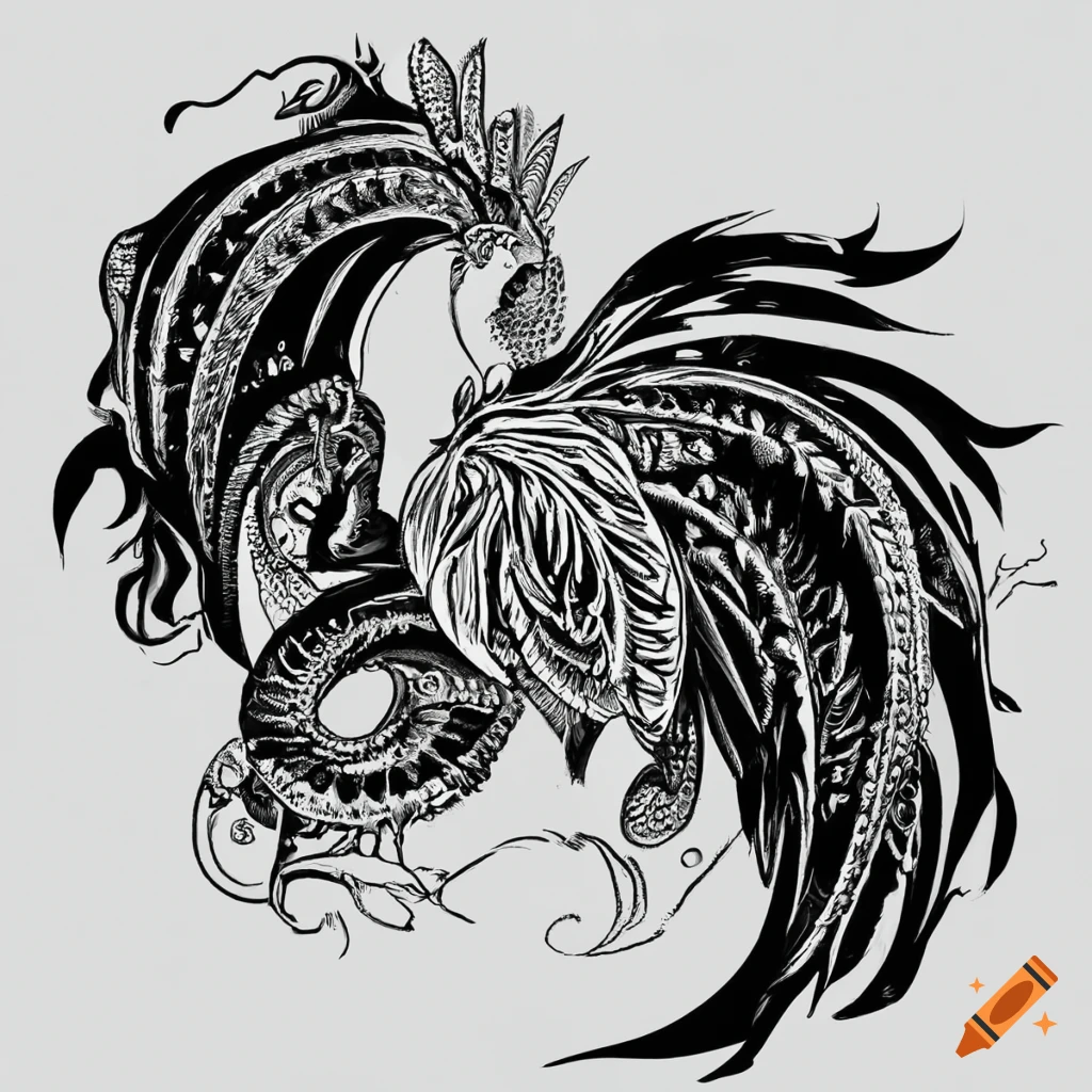 Ornate style black and white rooster drawing on Craiyon
