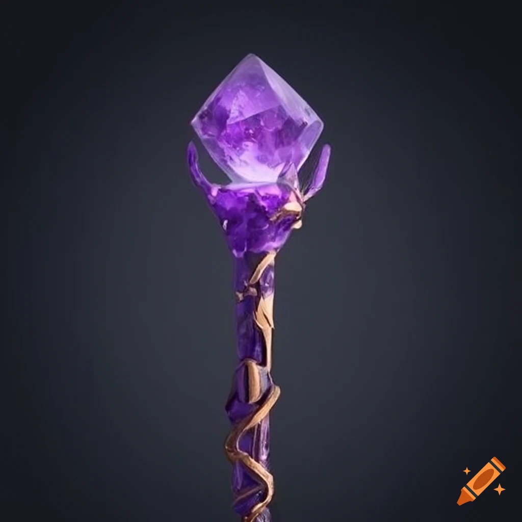 Purple arcane staff with amethyst crystal at head and base on Craiyon