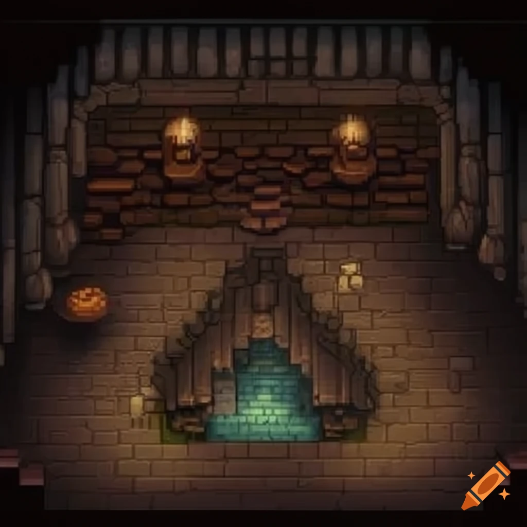 Pixel art of a hidden dungeon entrance in a small town on Craiyon