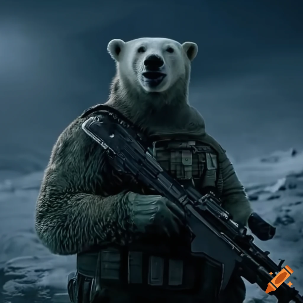 Polar bear in military gear with a rifle on Craiyon