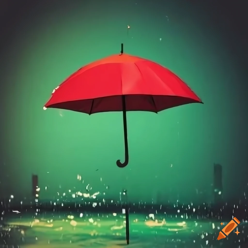 Cityscape during gentle rainfall with bright green pastel-colored ...