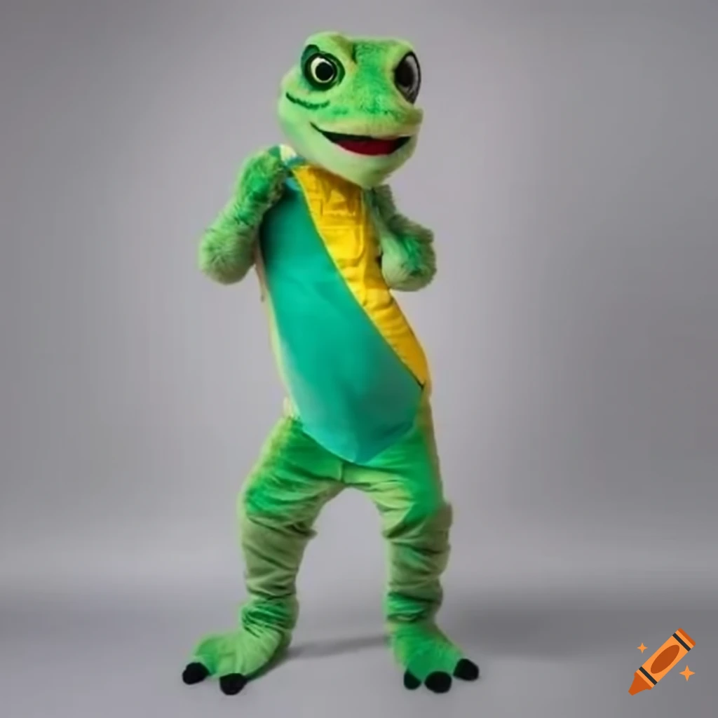 Female employee in full body gecko mascot costume at office on Craiyon