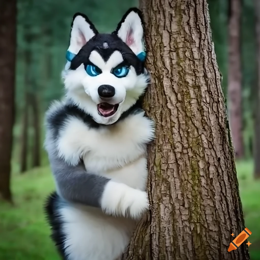 Close up of a dad in a husky fursuit hugging a tree in the woods on Craiyon