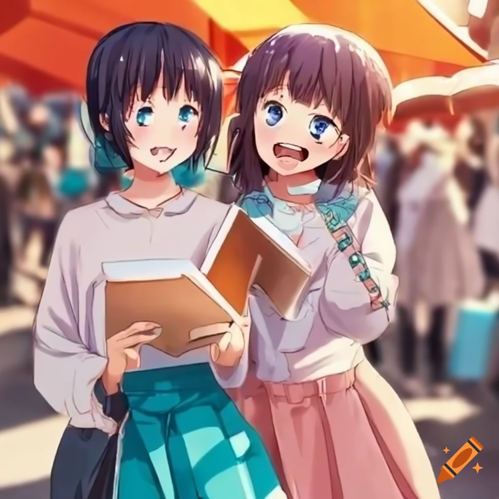 Cheerful anime girls bonding while reading science books at an outdoor ...