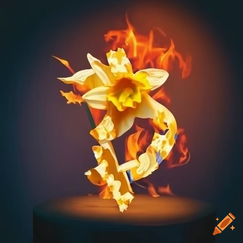 Daffodil lettering with cryptocurrency and fire in the background on ...