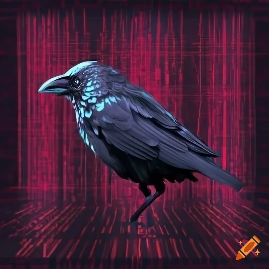 Retro analogue crow in front of code lines background on Craiyon