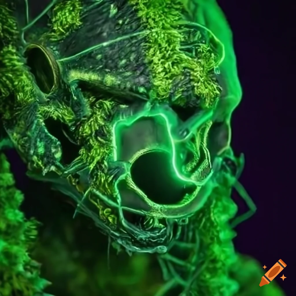 High-tech biopunk cyborg covered in glowing moss in futuristic ...