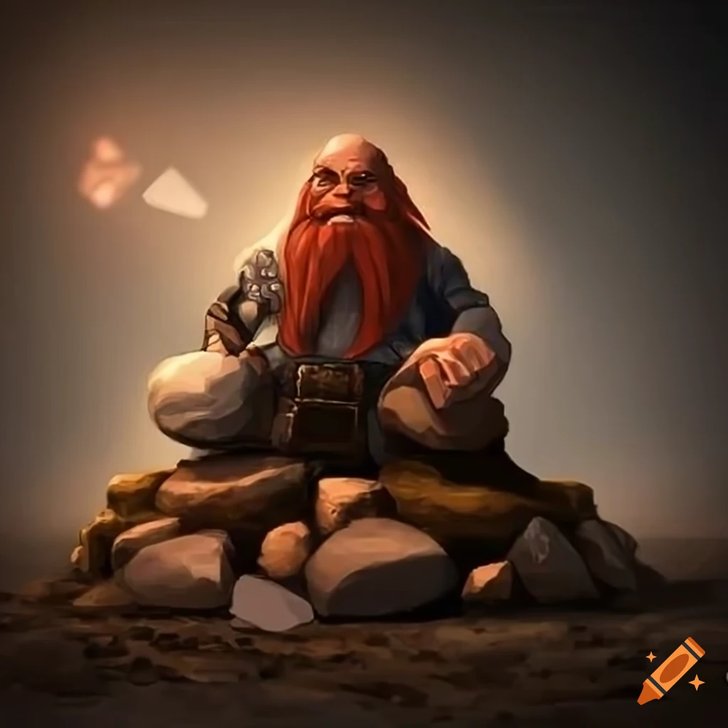 Dwarf sitting next to broken stones with an axe on a platform above on ...