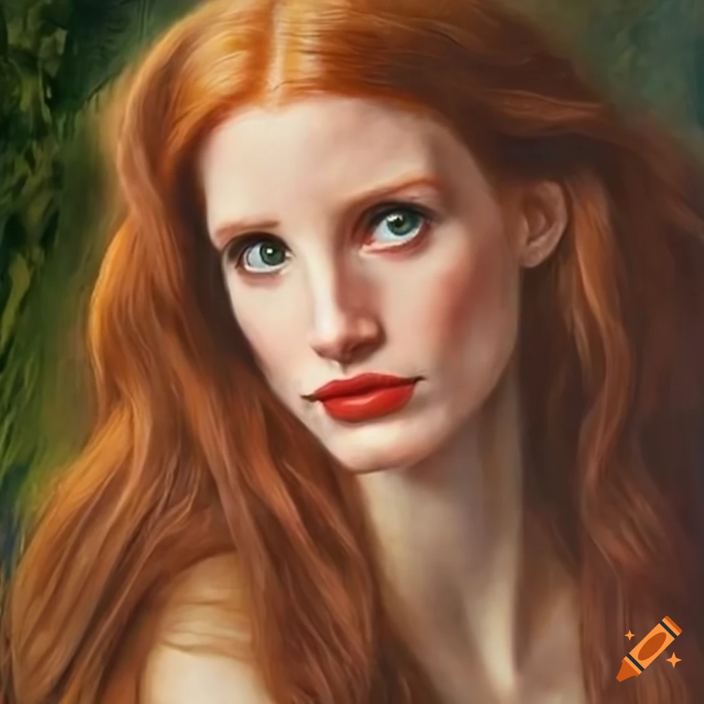 Pre-raphaelite style painting of jessica chastain in a forest on Craiyon