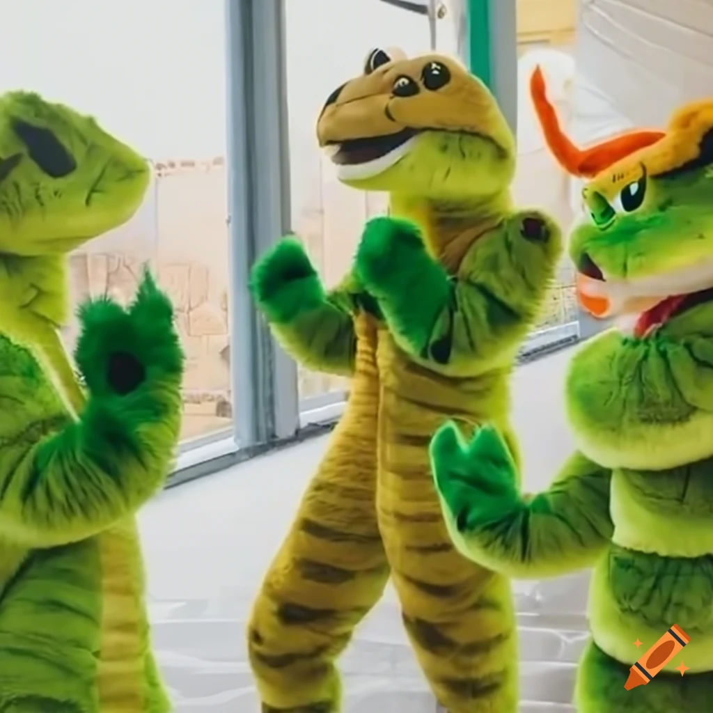 Group of kids in green snake mascot costumes on Craiyon