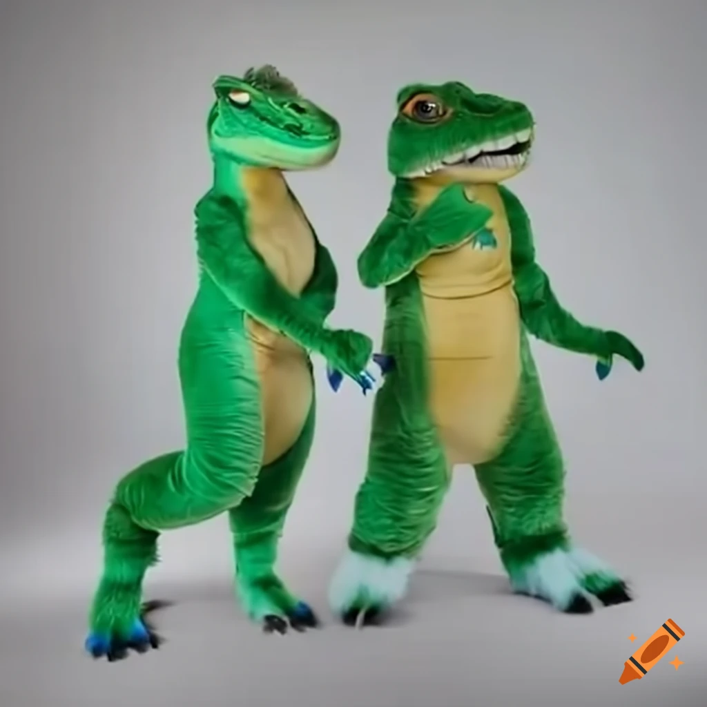 Two female workers in full body lizard mascot costumes at zoo on Craiyon