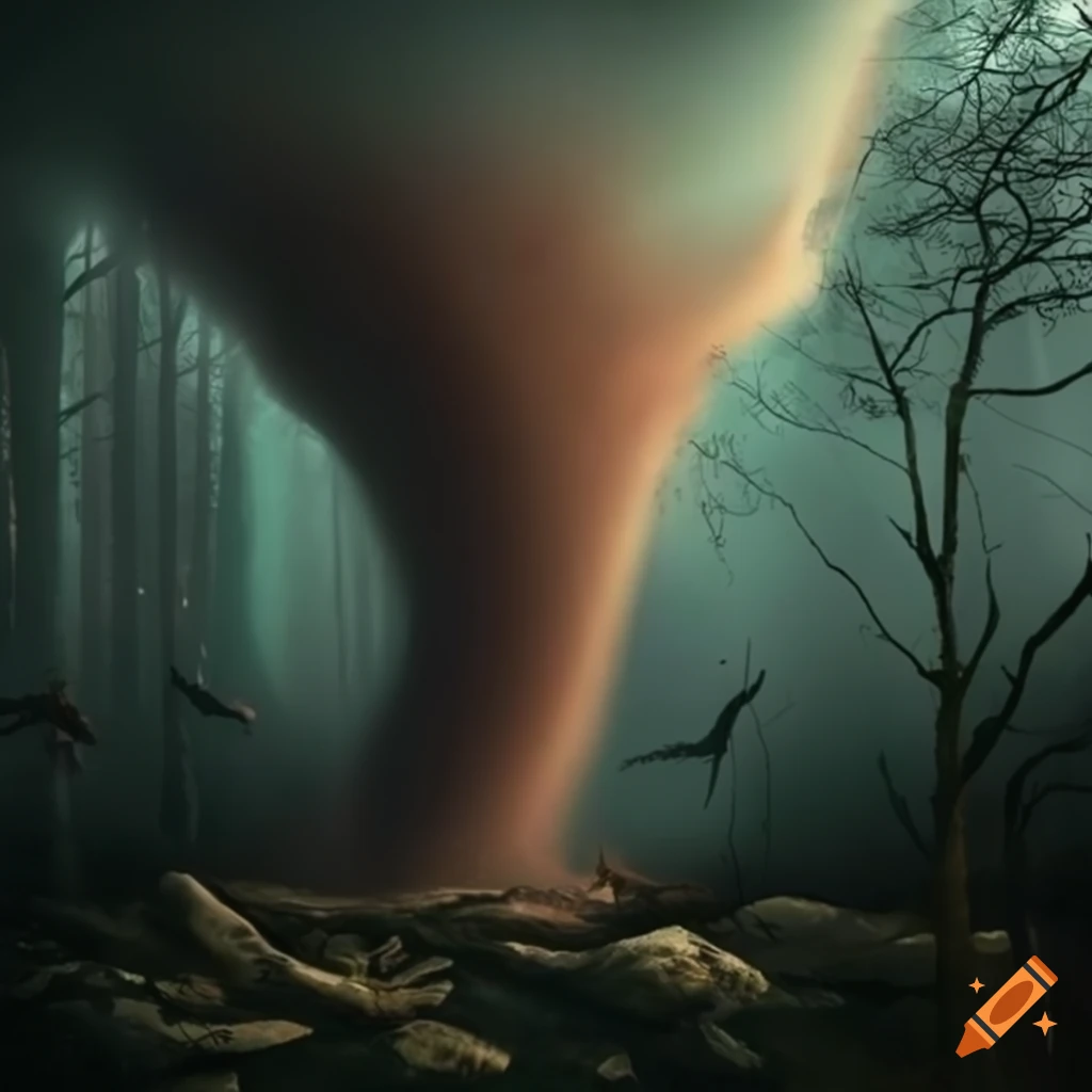Raging tornado causing damage in a forest with flying trees and rocks ...