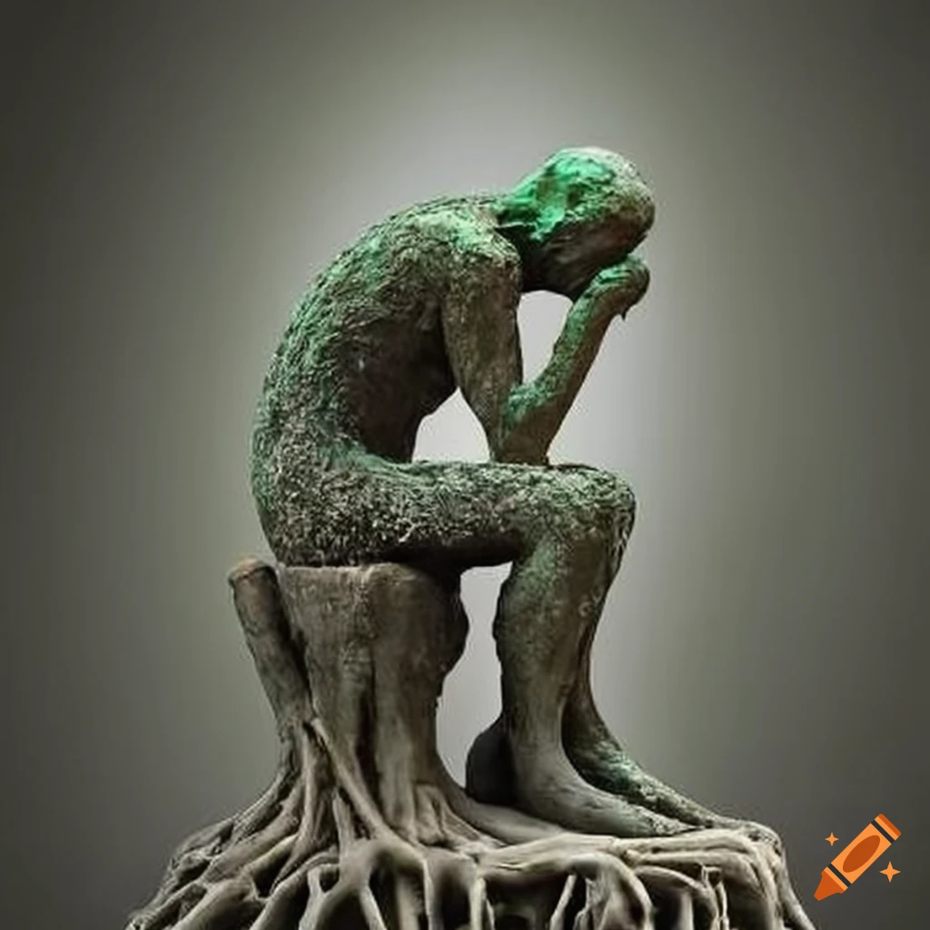 Sculpture of 'the thinker' created from intertwining tree roots on Craiyon