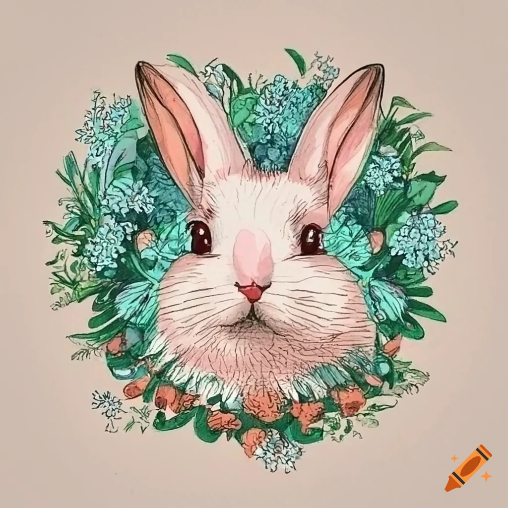 Bunny face surrounded by spring flowers and wreath in a sketch on Craiyon