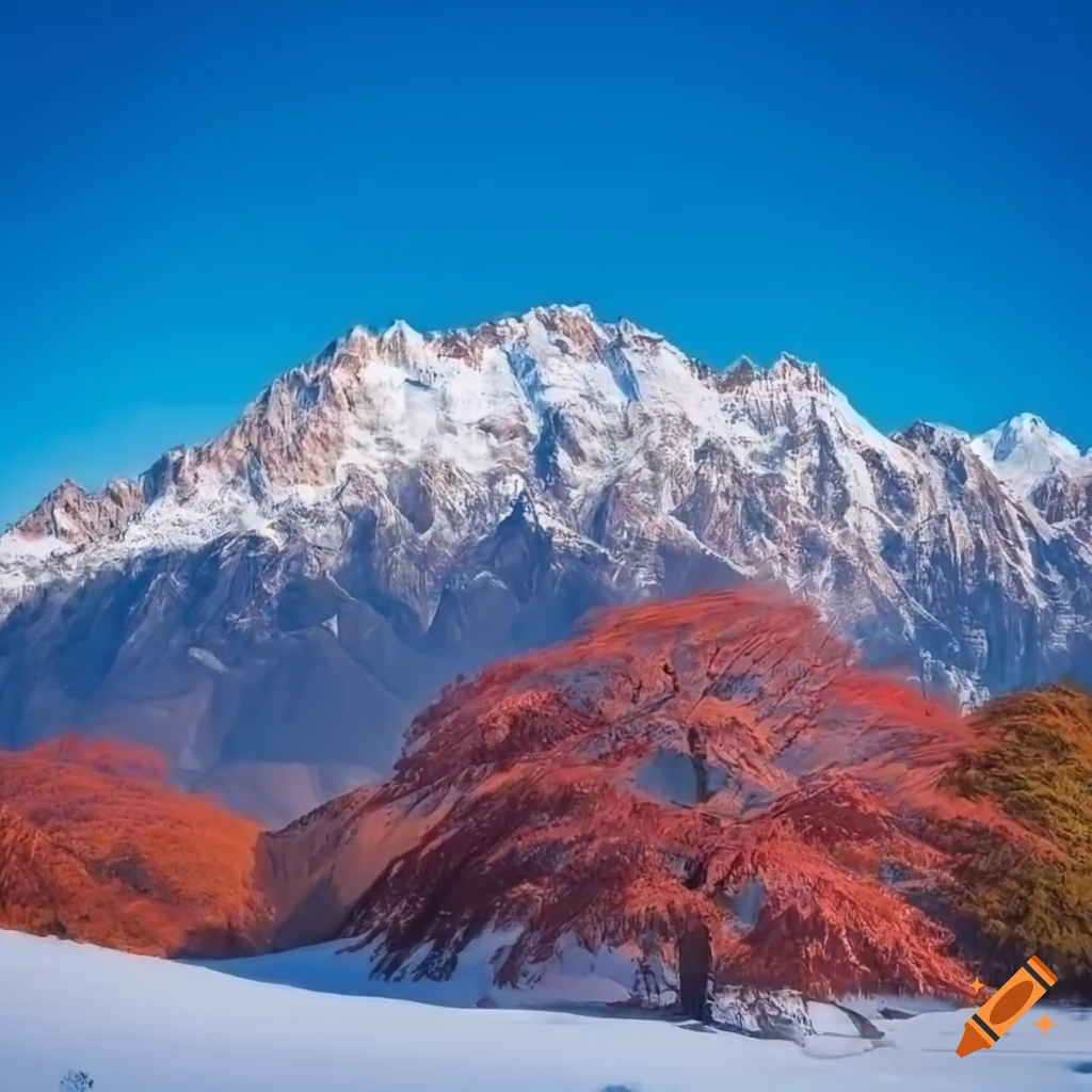 Snowy Himalayan mountain range on a sunny day with japanese maple trees ...