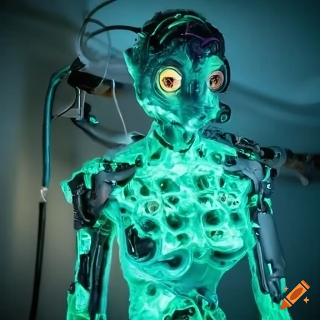 High-tech biopunk cyborg covered in glowing moss in a futuristic ...