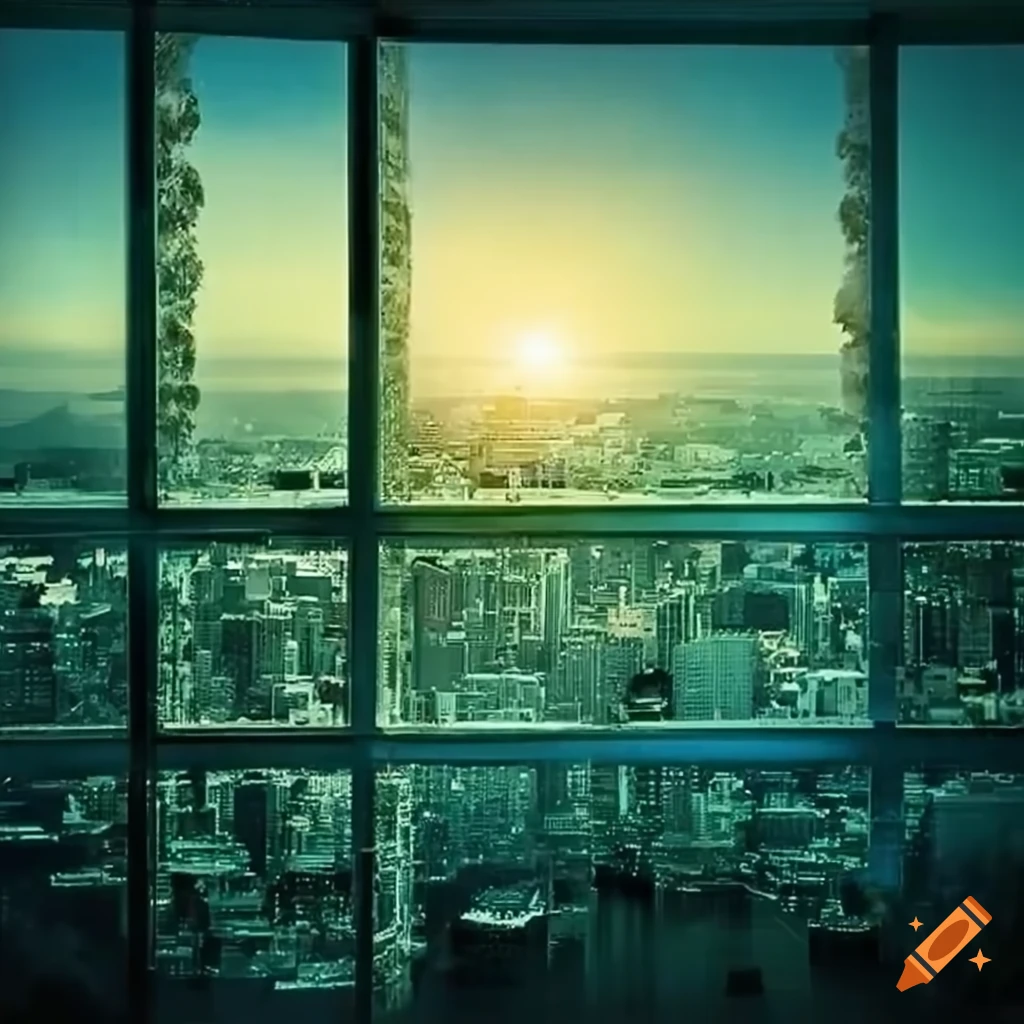 Window view of futuristic green solarpunk city skyline with trees on ...