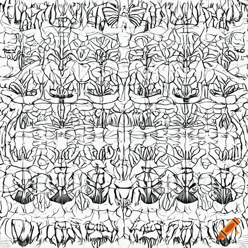 Detailed line art of insects in multiple rows on Craiyon