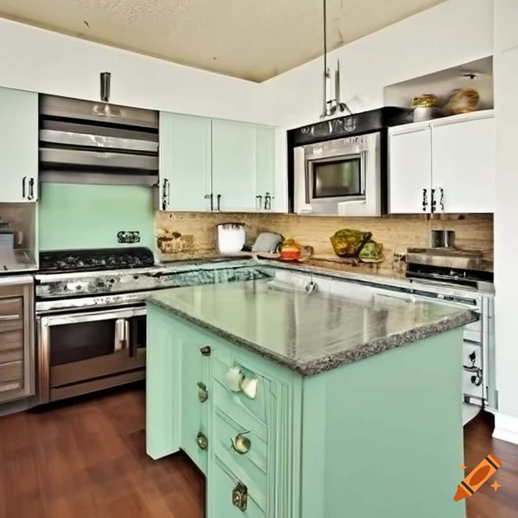Small kitchen with sage green cabinets and grey granite countertops on ...