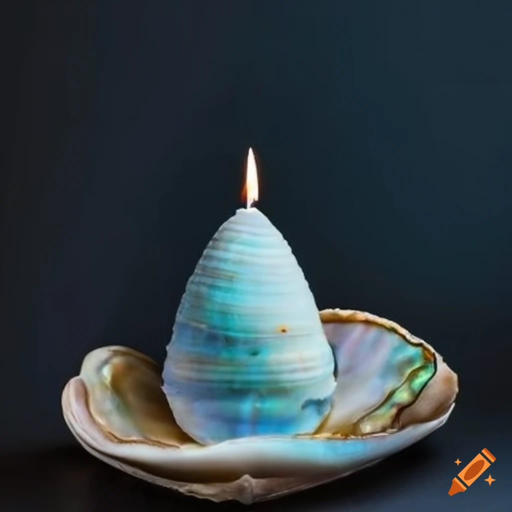 Sea shell shaped candle on an abalone shell on Craiyon
