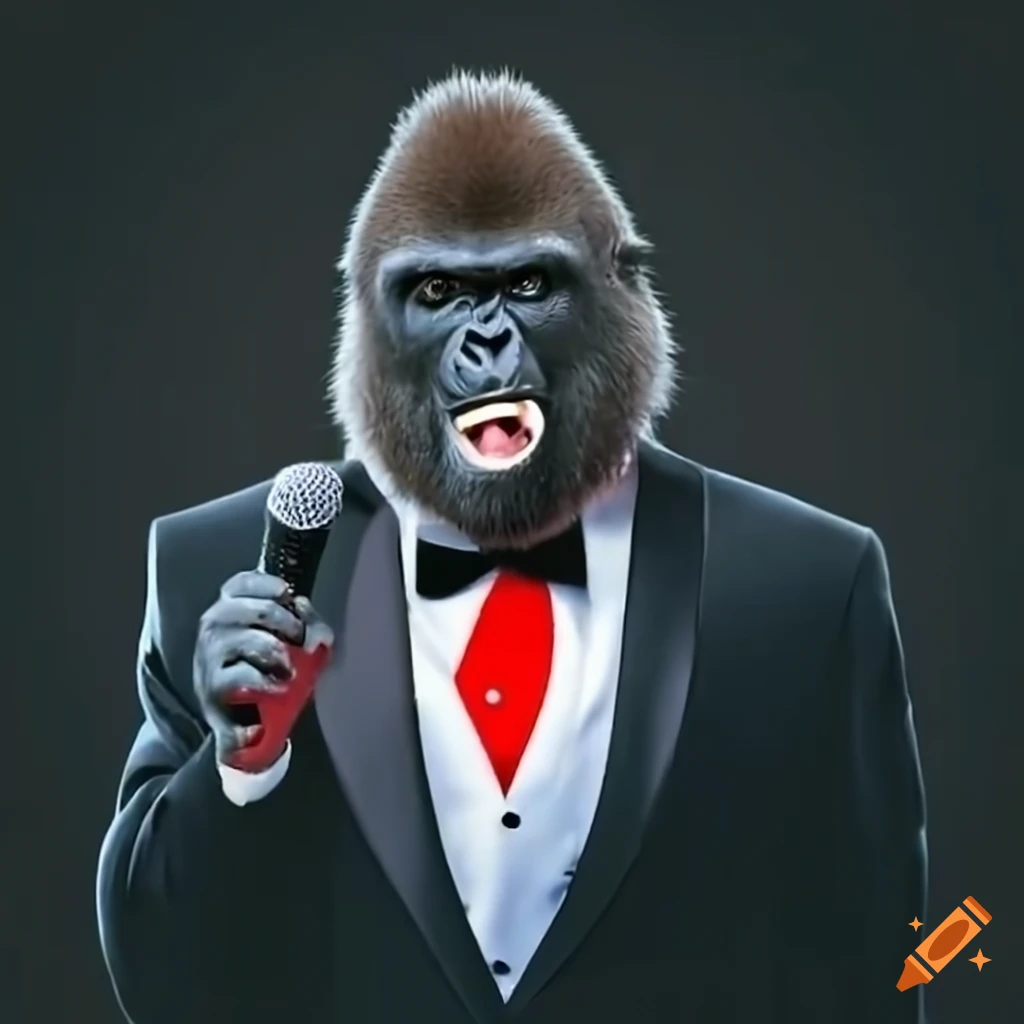 Gorilla in a tuxedo singing into a microphone on Craiyon