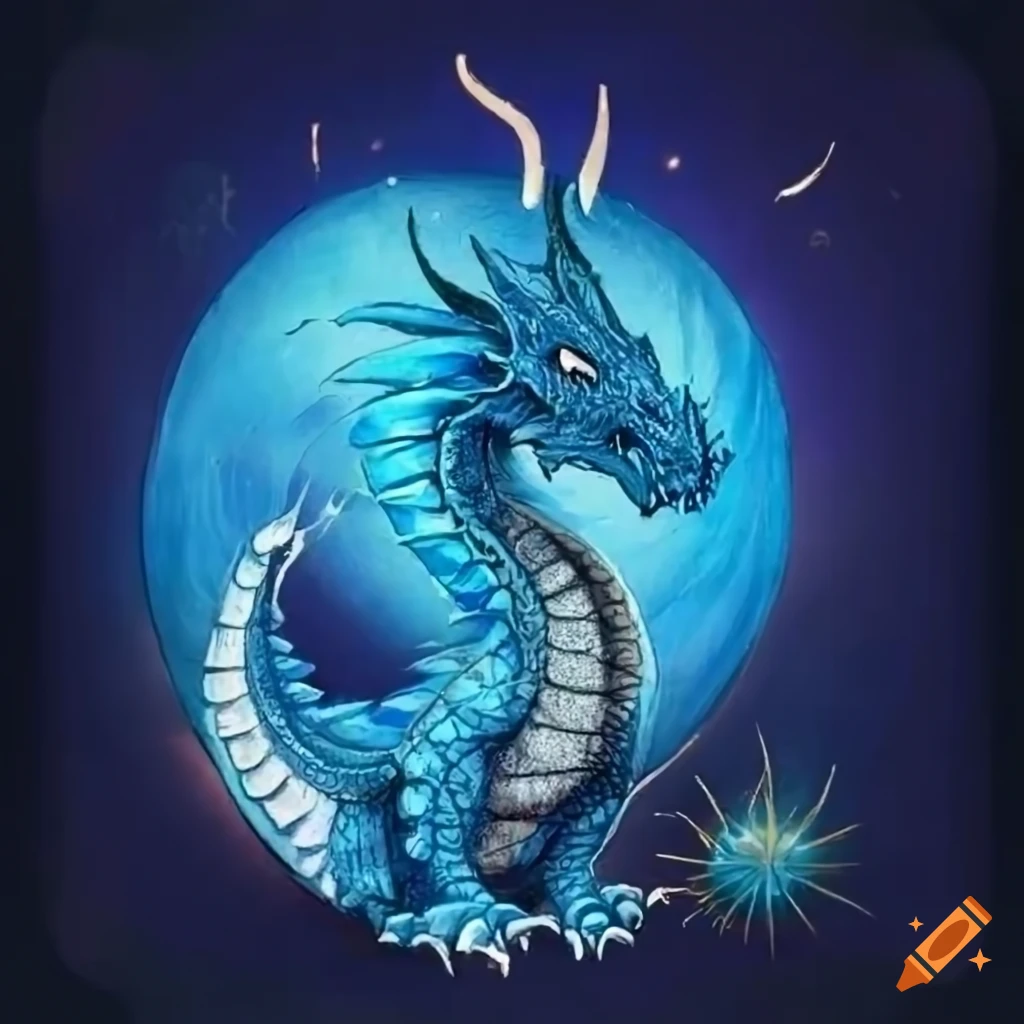 Blue dragon illustration with sun motif for easy drawing on Craiyon