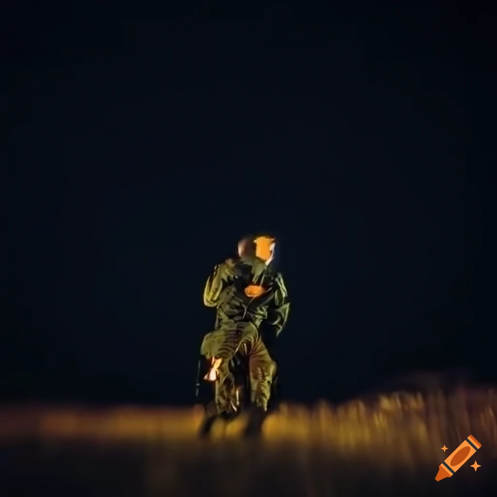 United states airforce pilot running in a european open field at night ...
