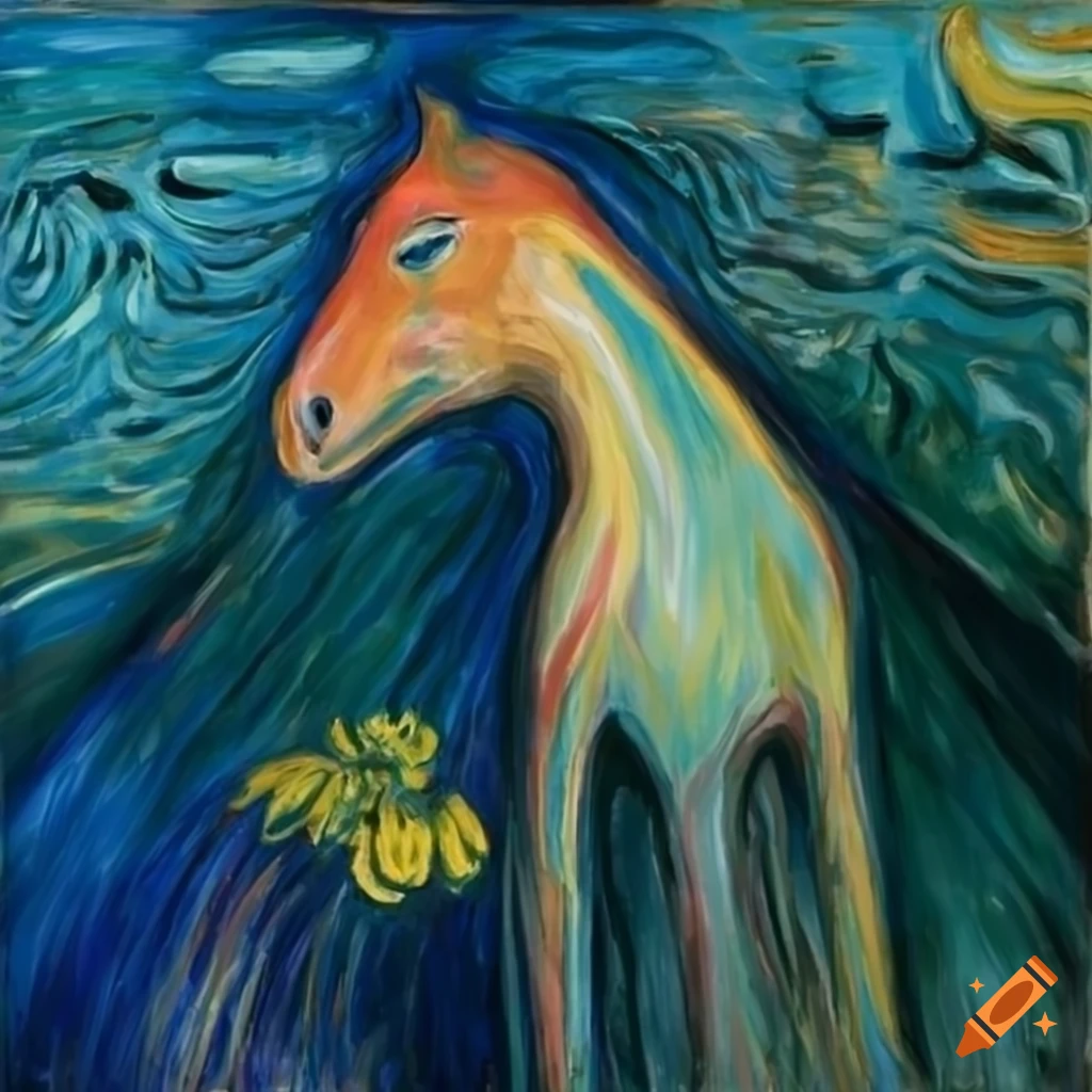 Red and blue horses in a forest with yellow and blue flowers in the ...