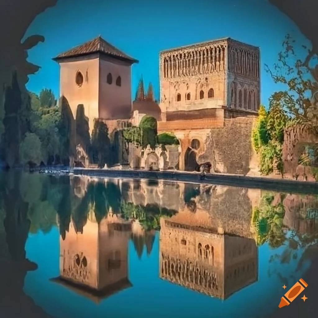 Reflections of the alhambra palace in a calm pool of water on Craiyon
