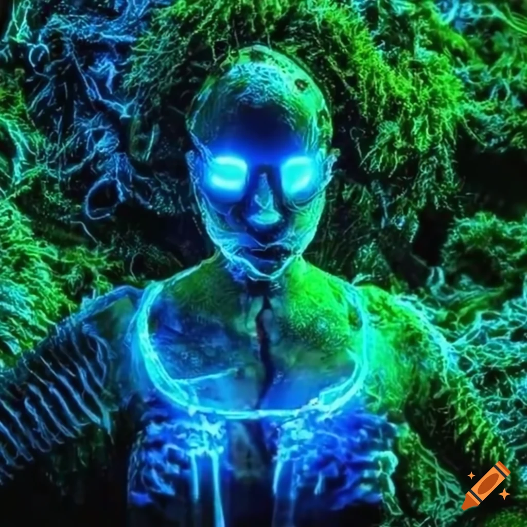 High-tech biopunk cyborg covered in glowing moss in futuristic ...