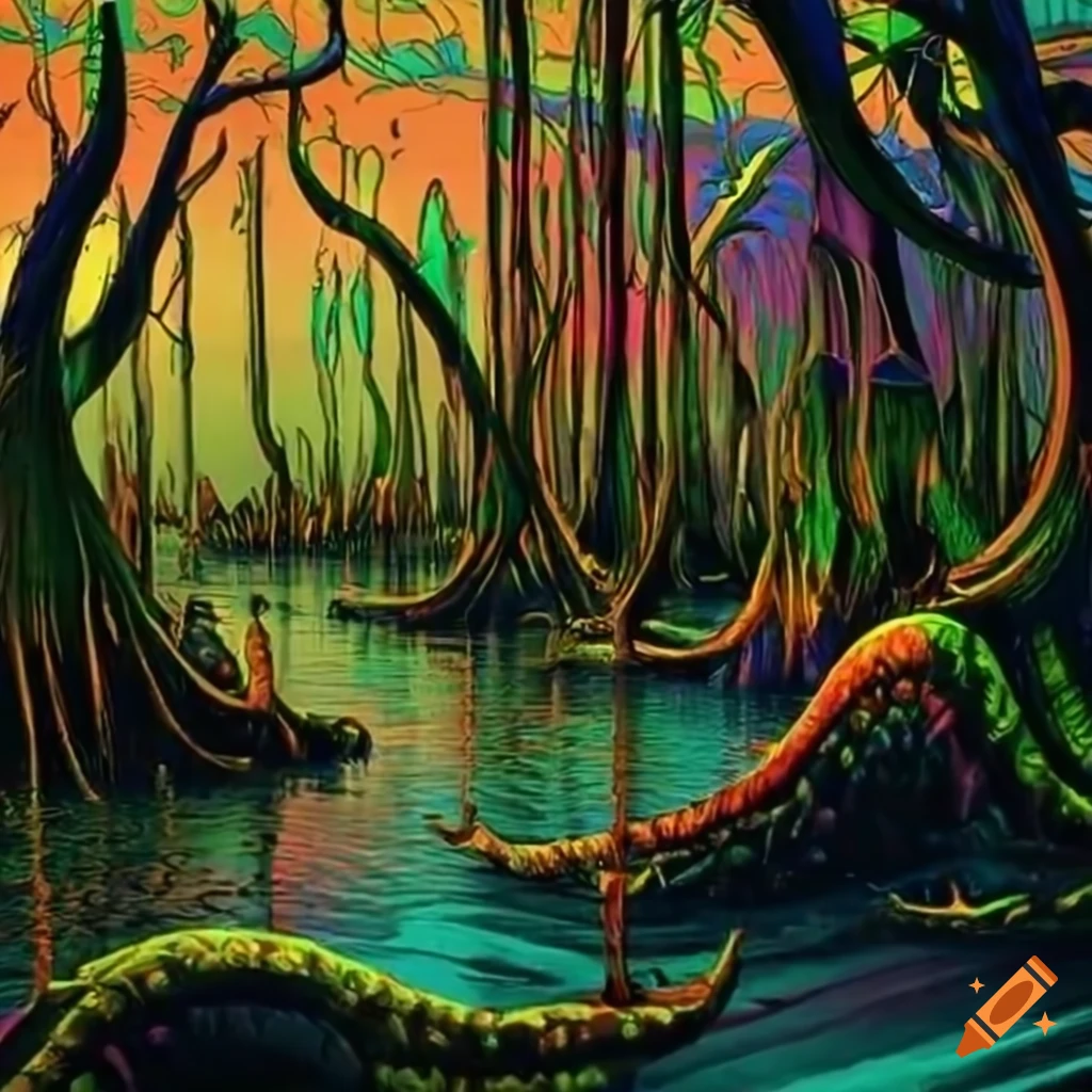 Colorful and vibrant psychedelic swamp illustration on Craiyon