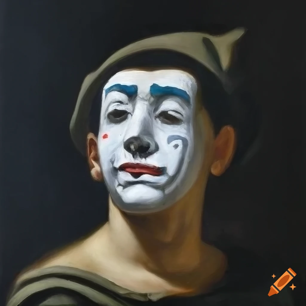 Grotesque oil painted portrait of a sad mime in renaissance style art ...