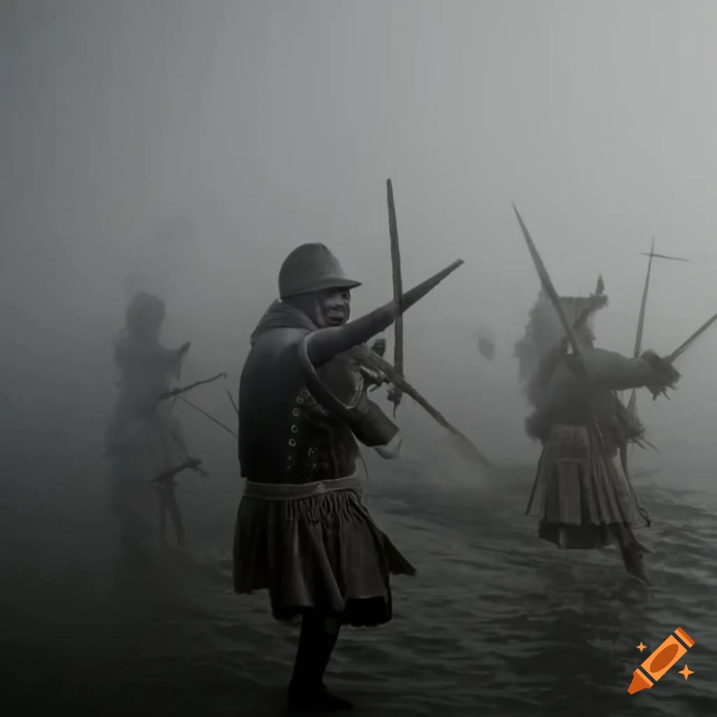 Historical Spanish conquistador army fighting in misty sea with swords ...