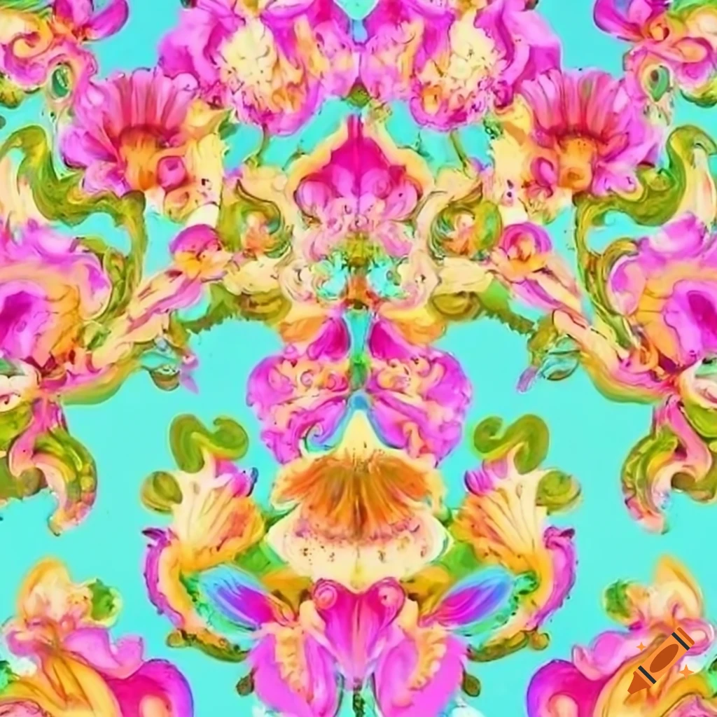 Rainbow pastel funky rococo floral pattern with shells in an oil ...