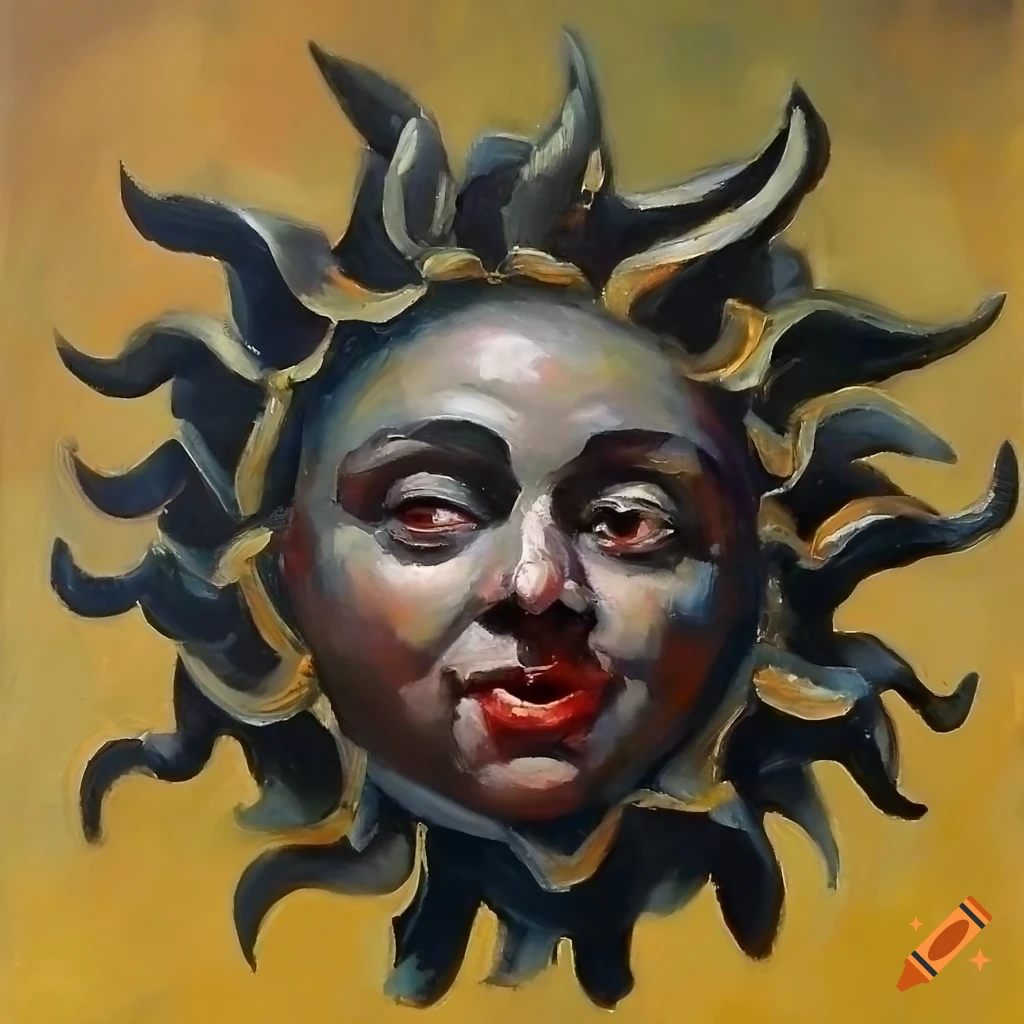 Grotesque oil painted portrait of the sun with a woman's face in ...
