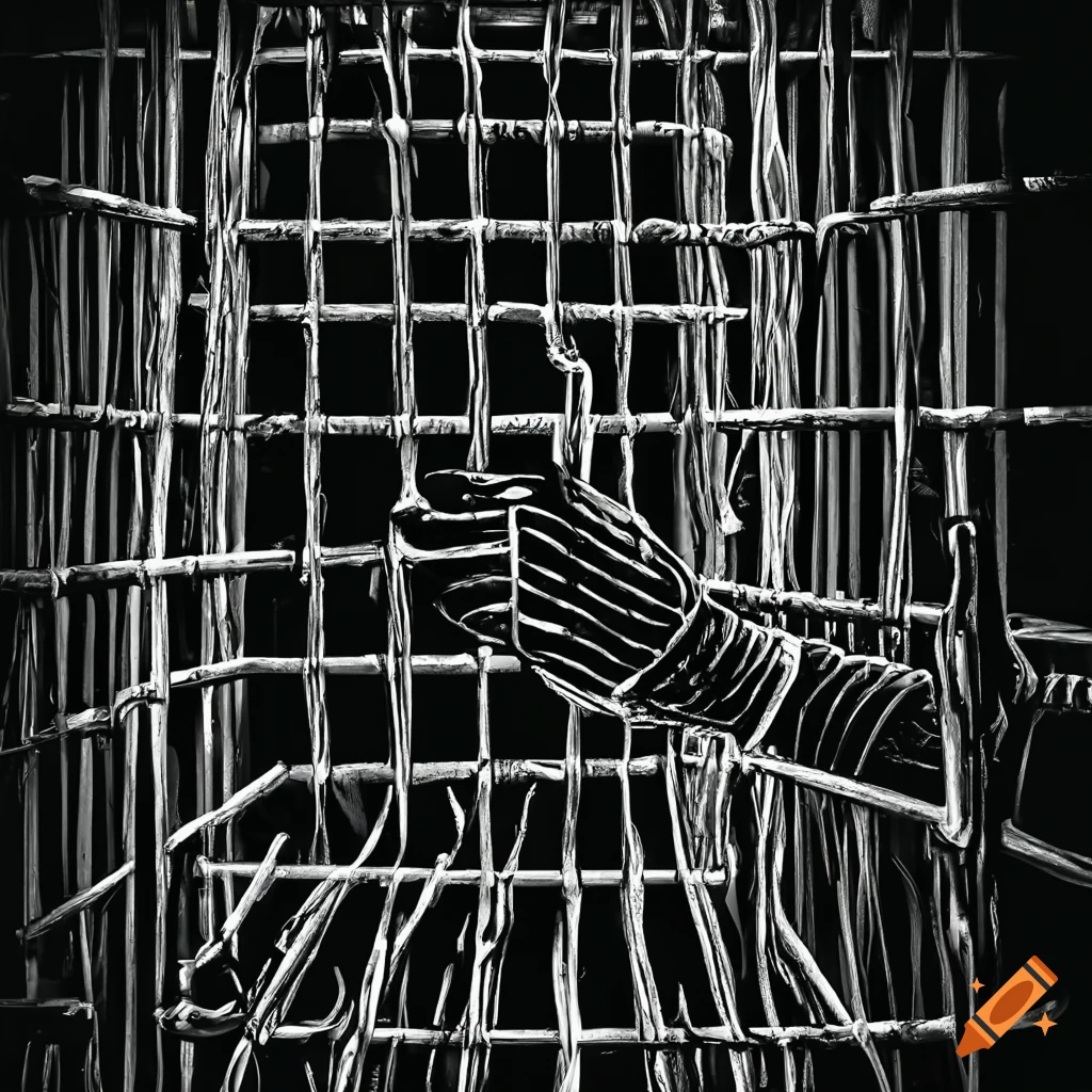 Hands gripping cage bars in a creepy basement setting on Craiyon