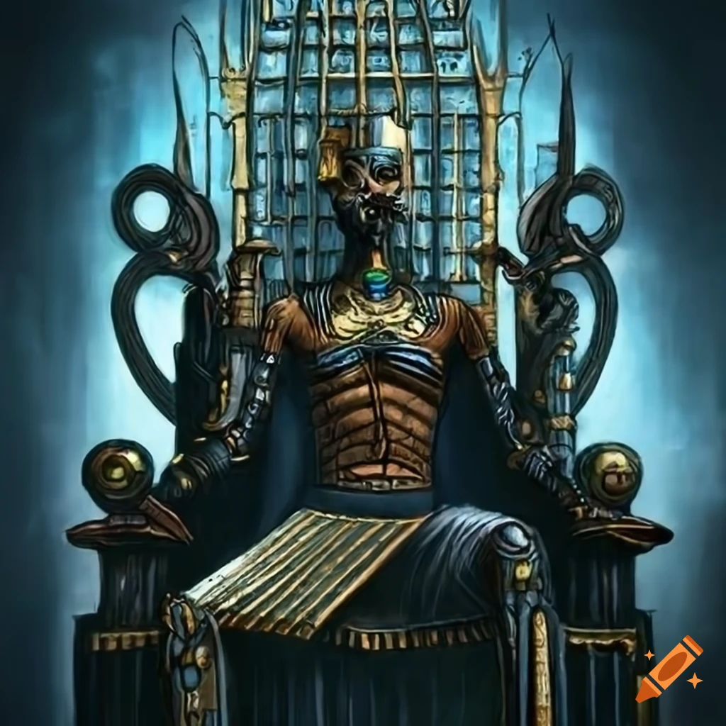 Steam-powered cyborg with ancient egyptian theme on a throne in a dark ...