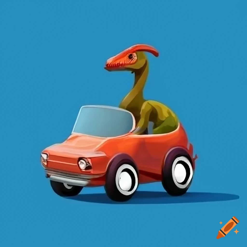 Cheerful joyful parasaurolophus dinosaur acting as a car driver on Craiyon