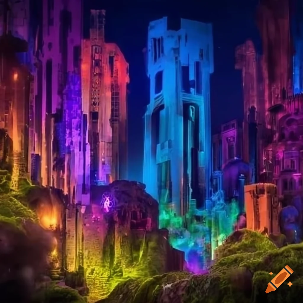 Colorful biopunk cityscape with glowing plants and moss-covered ...