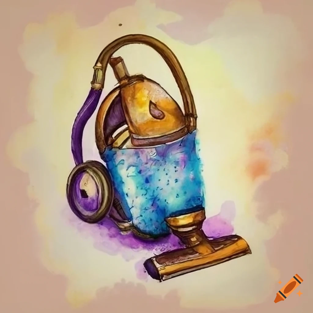 Intricate watercolor artwork of a medieval-style handheld vacuum ...