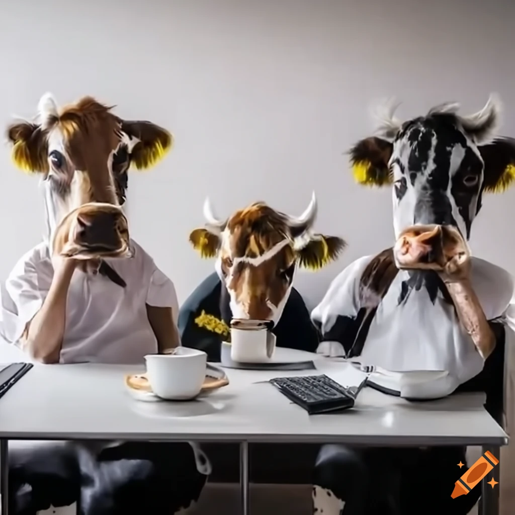 Three cows in office attire drinking coffee in an office on Craiyon