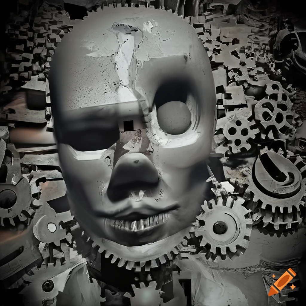 Grayscale image of broken machinery and industrial stone sculpture on ...