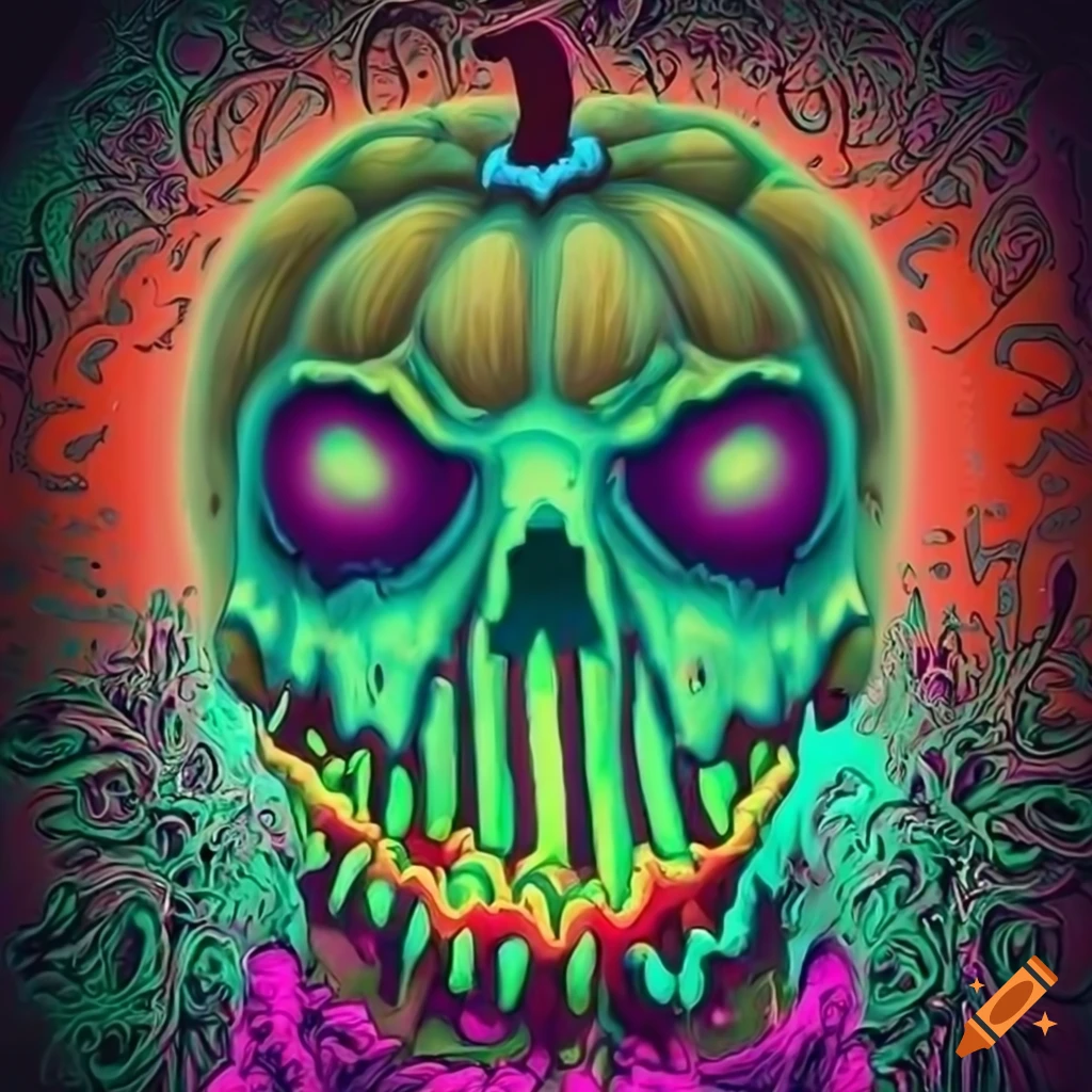 Detailed realistic neon psychedelic cartoon illustration of a zombie ...