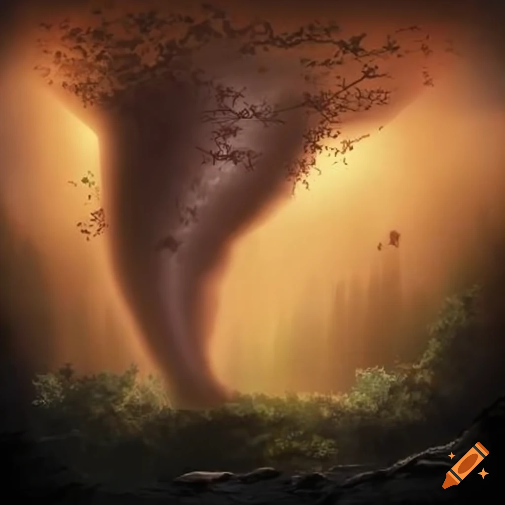 Raging tornado causing damage in a forest with flying trees and rocks ...