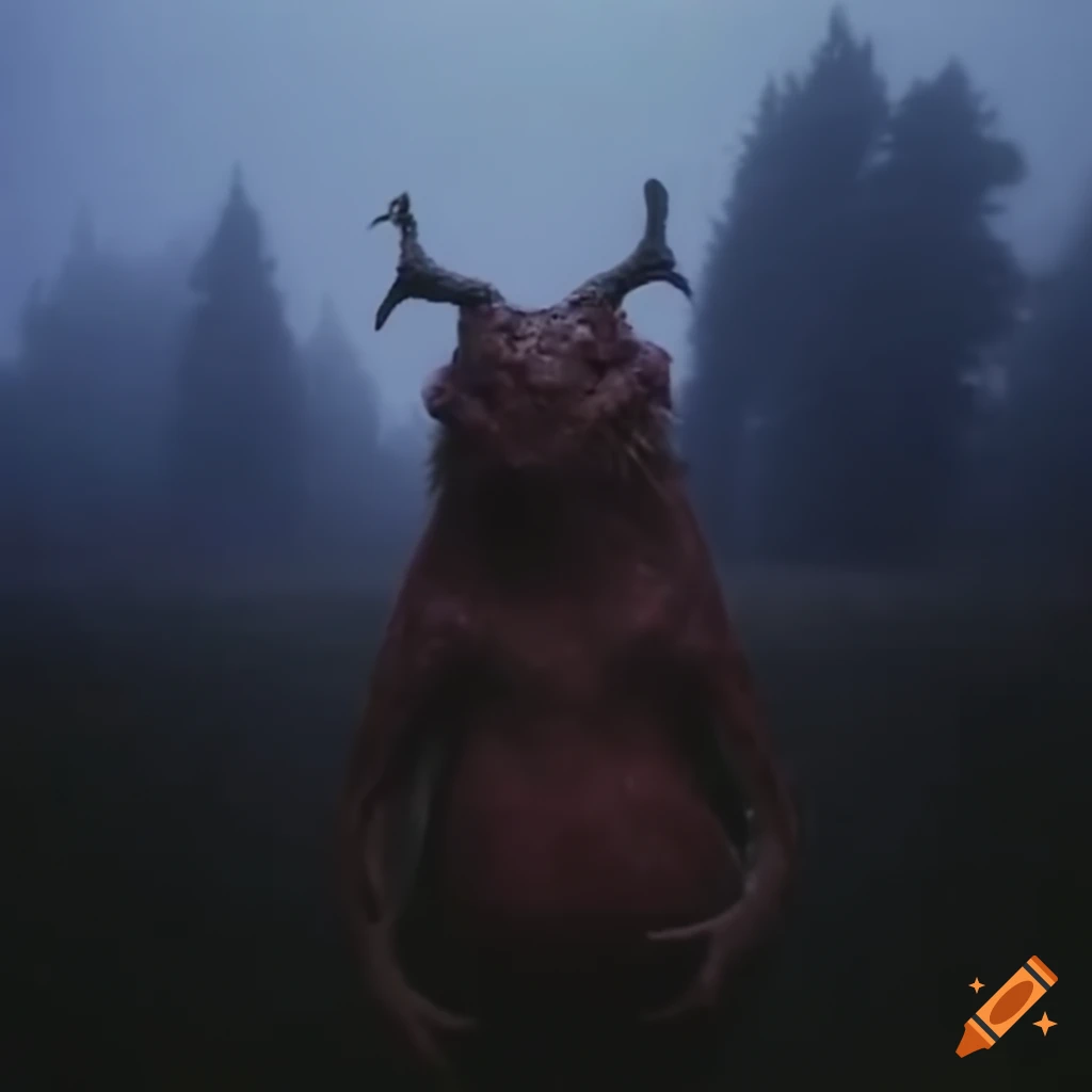 Fantasy creature in front of a purple house surrounded by cornfields ...