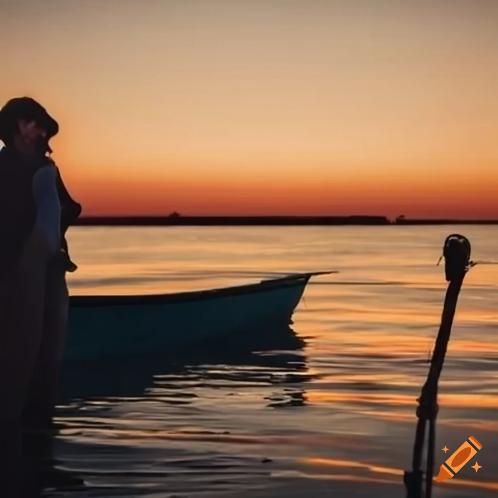 Man fishing on a boat during sunset on Craiyon