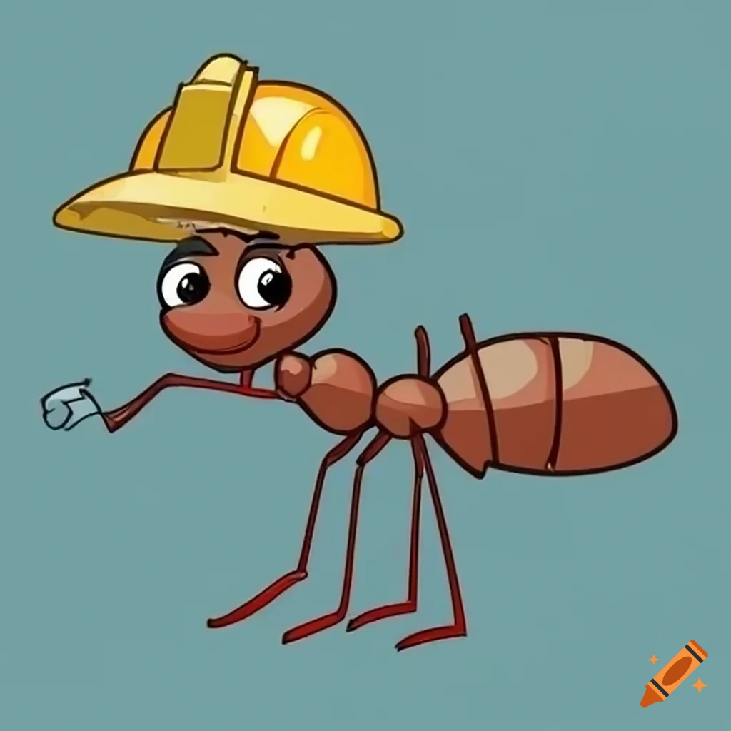 Cartoon ant with construction helmet cutting wood under the sun on Craiyon
