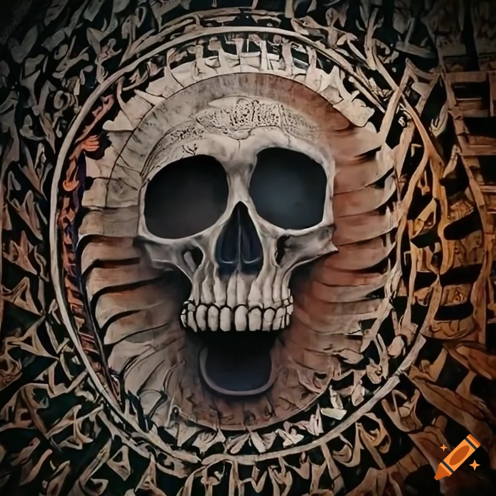 Intricate mural of whimsical skull as a spiral staircase, optical ...