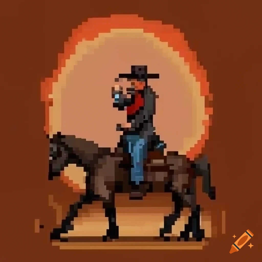 Group of twelve cowboys in an old west pixel art scene on Craiyon